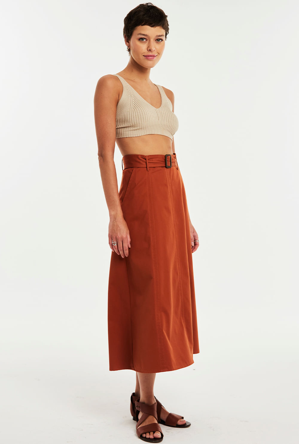 Saia Bruny Midi Com Cinto Telha - MyBasic