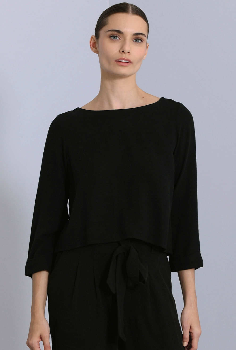 Blusa Olândia Transpasse Costas Linho Estonado Preto - MyBasic