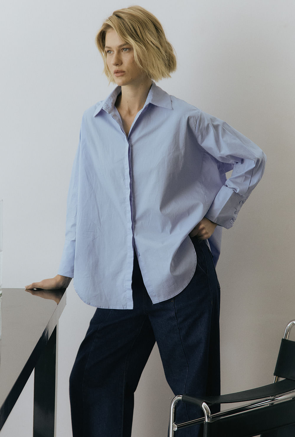 Camisa Dinant Tricoline de Algodão Assimétrica Azul - MyBasic