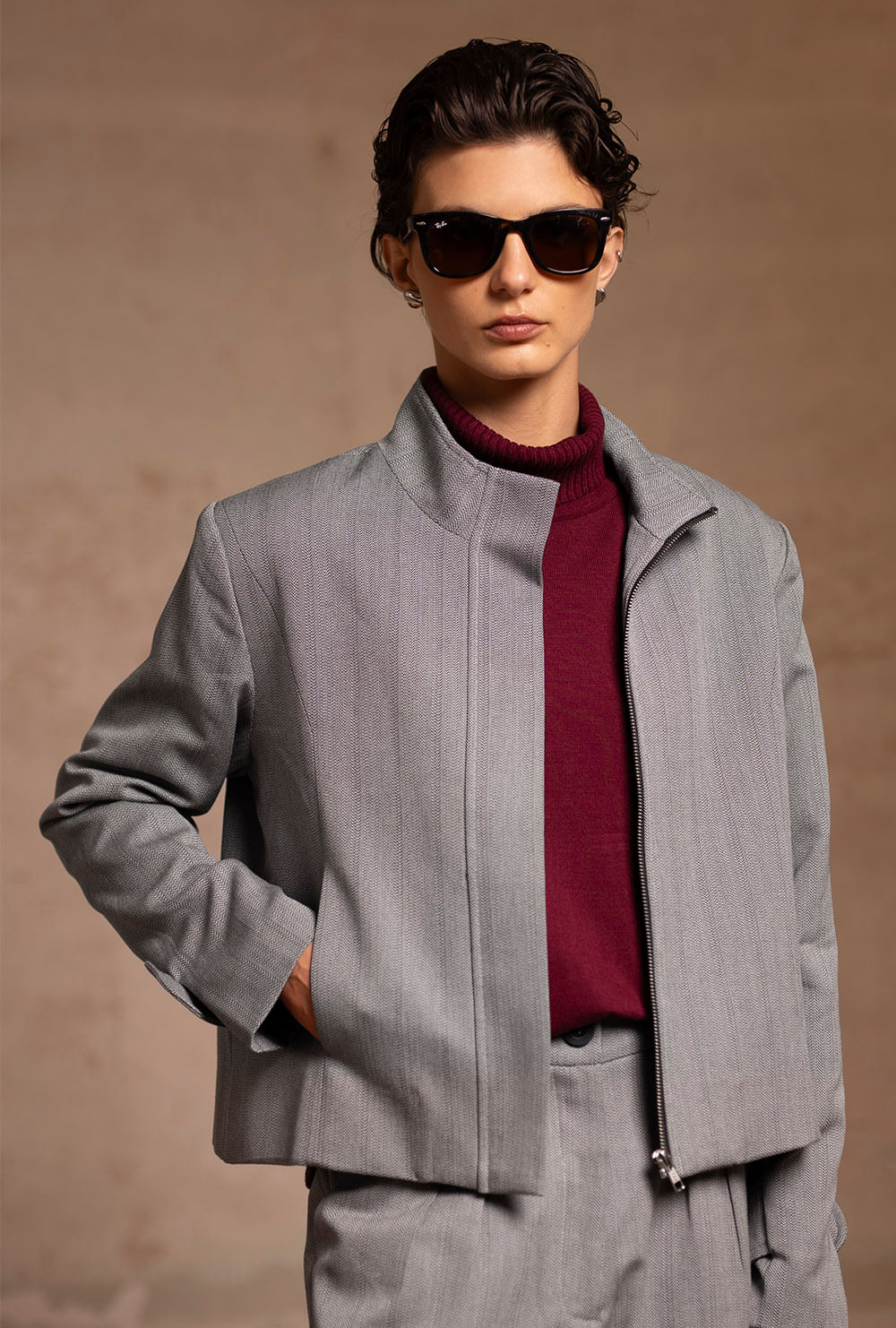 Jaqueta Alfaiataria Guaiteca Chevron Cinza Mescla - MyBasic